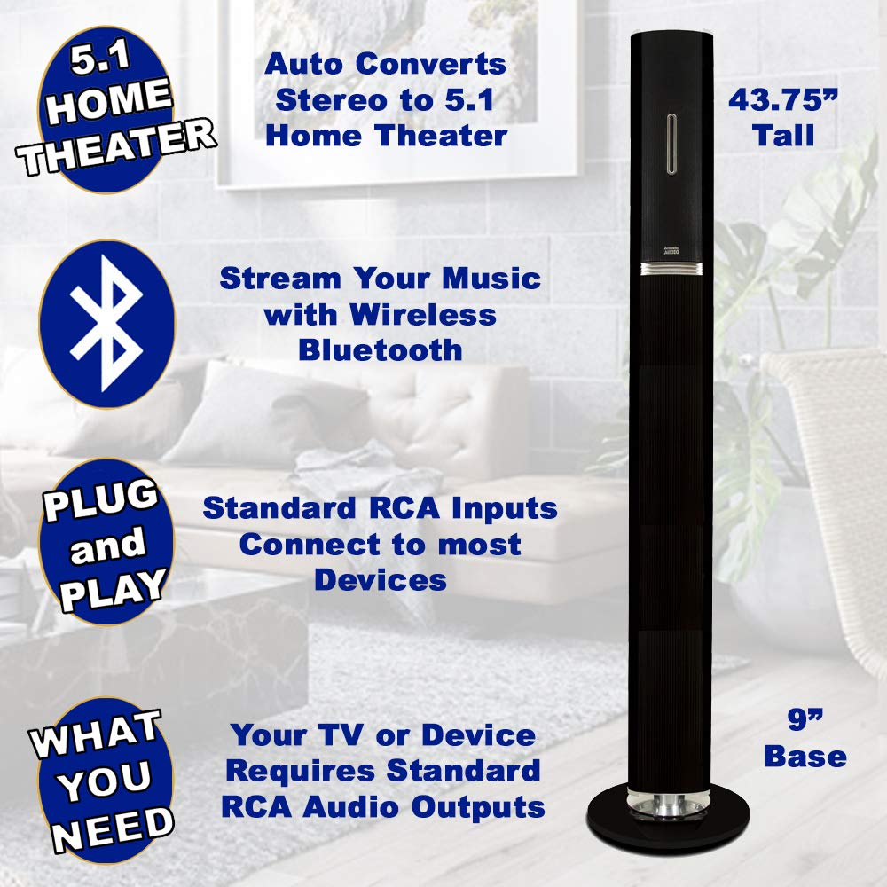 Acoustic Audio AAT1002 Bluetooth Tower 5.1 Home Speaker System with Powered Sub and 2 Extension Cables