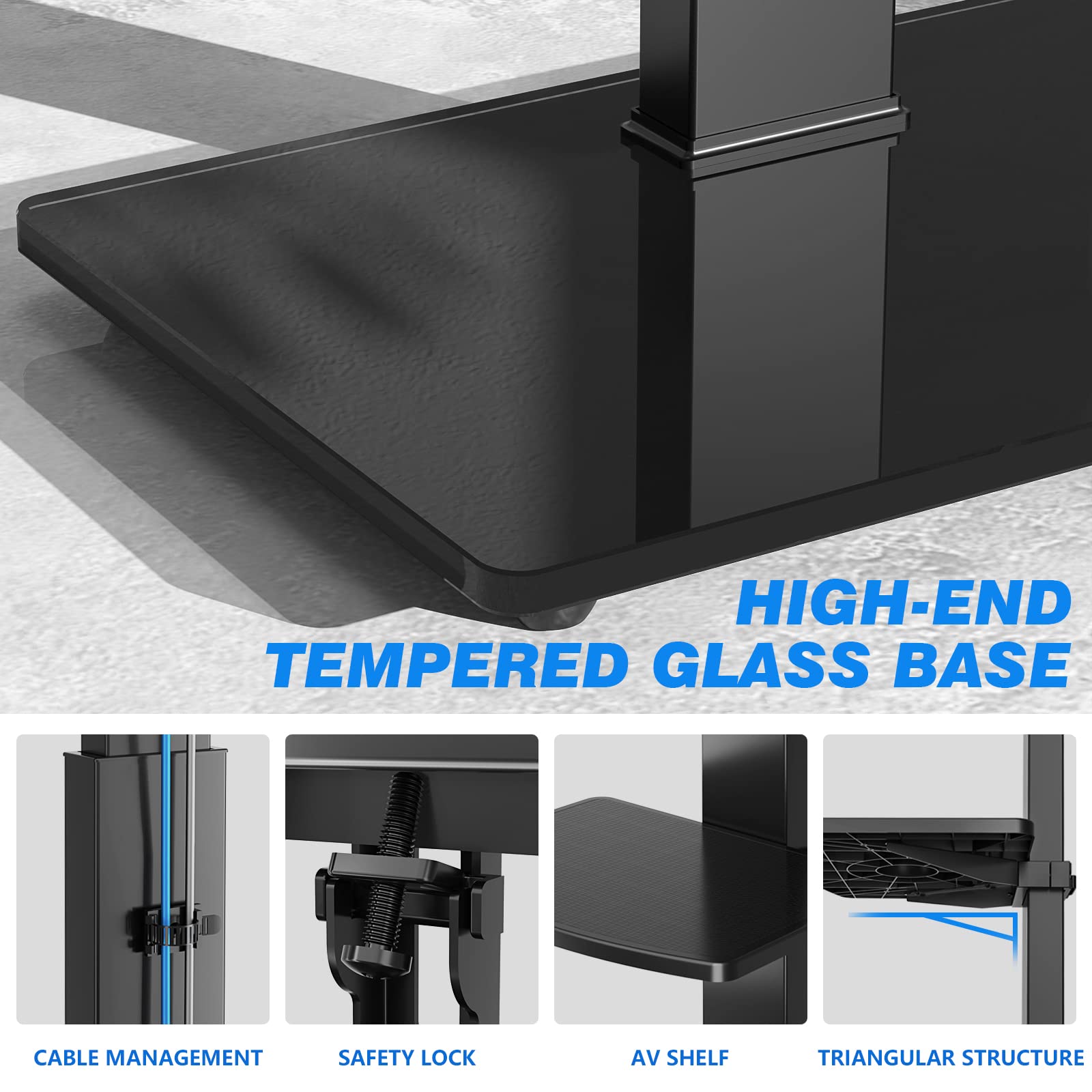 Rfiver Universal Swivel Floor TV Stand with Mount for 32-65 Inch Flat Screens/Curved TVs up to 110 lbs, Tall TV Stand with Black Tempered Glass Base and 2-Tier Storage Shelves, Height Adjustable