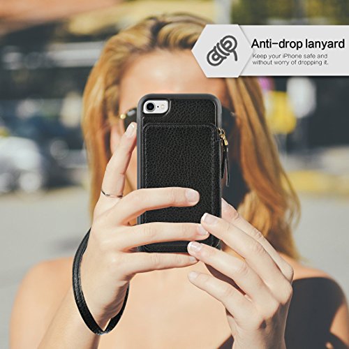 ZVE Case for iPhone SE 2022 5G for iPhone 7, 4.7 inch, Leather Wallet Case with Card Holder Slot Zipper Wallet Pocket Purse Handbag Wrist Strap Protective Cover for iPhone 8/7/SE- Black