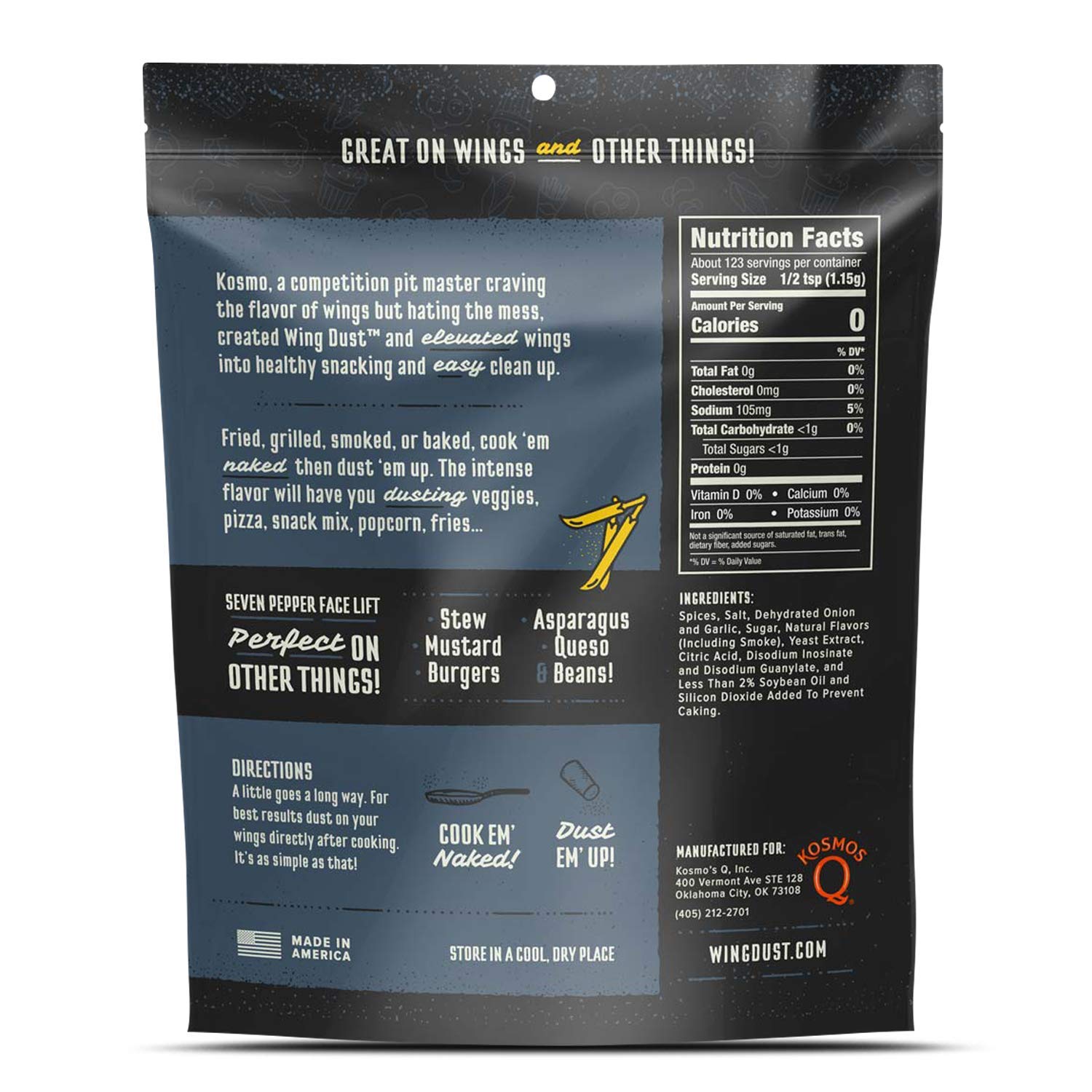 Kosmos Q Seven Pepper Face Lift Wing Dust - 5 Oz Bag for Wings, Popcorn & More - Dry BBQ Hot Wings Rub with 7-Pepper Blend, Garlic & Onion (Seven Pepper)