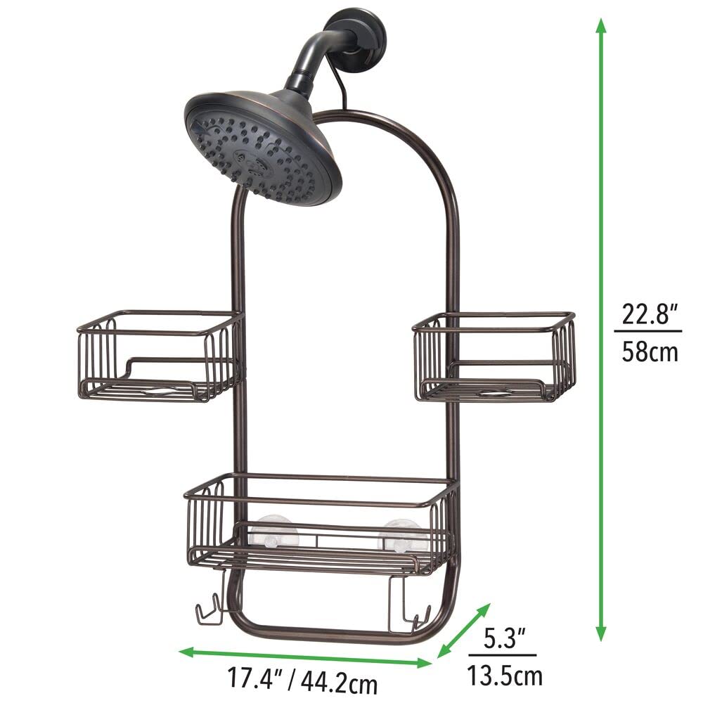 mDesign Modern Metal Wire Bathroom Tub & Shower Caddy, Hanging Storage Organizer Center - 2 Wash Cloth/Razor Hooks, 3 Baskets - for Bathroom Shower Stalls, Bathtubs - Rust Resistant - Bronze