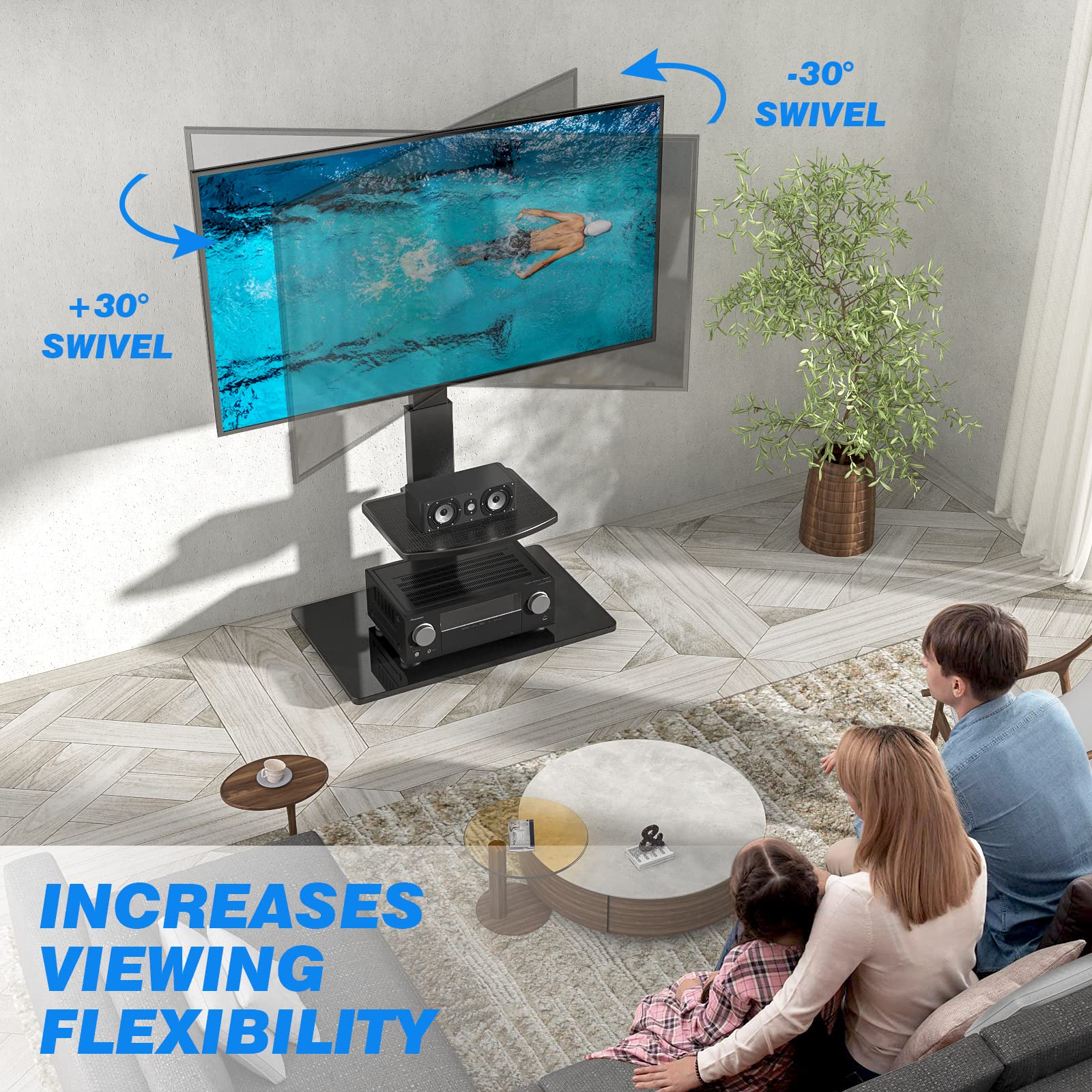 Rfiver Universal Swivel Floor TV Stand with Mount for 32-65 Inch Flat Screens/Curved TVs up to 110 lbs, Tall TV Stand with Black Tempered Glass Base and 2-Tier Storage Shelves, Height Adjustable