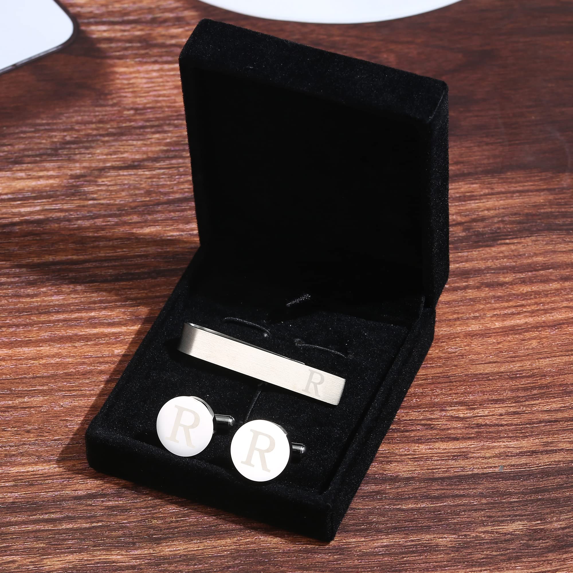 LOYALLOOK Classic Engraved Initial Cufflinks and Tie Clip Bar Set Alphabet Letter Formal Business Wedding Shirts R