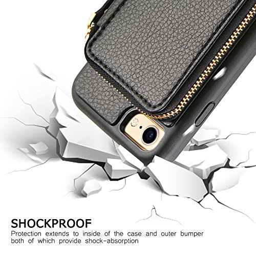 ZVE Case for iPhone SE 2022 5G for iPhone 7, 4.7 inch, Leather Wallet Case with Card Holder Slot Zipper Wallet Pocket Purse Handbag Wrist Strap Protective Cover for iPhone 8/7/SE- Black
