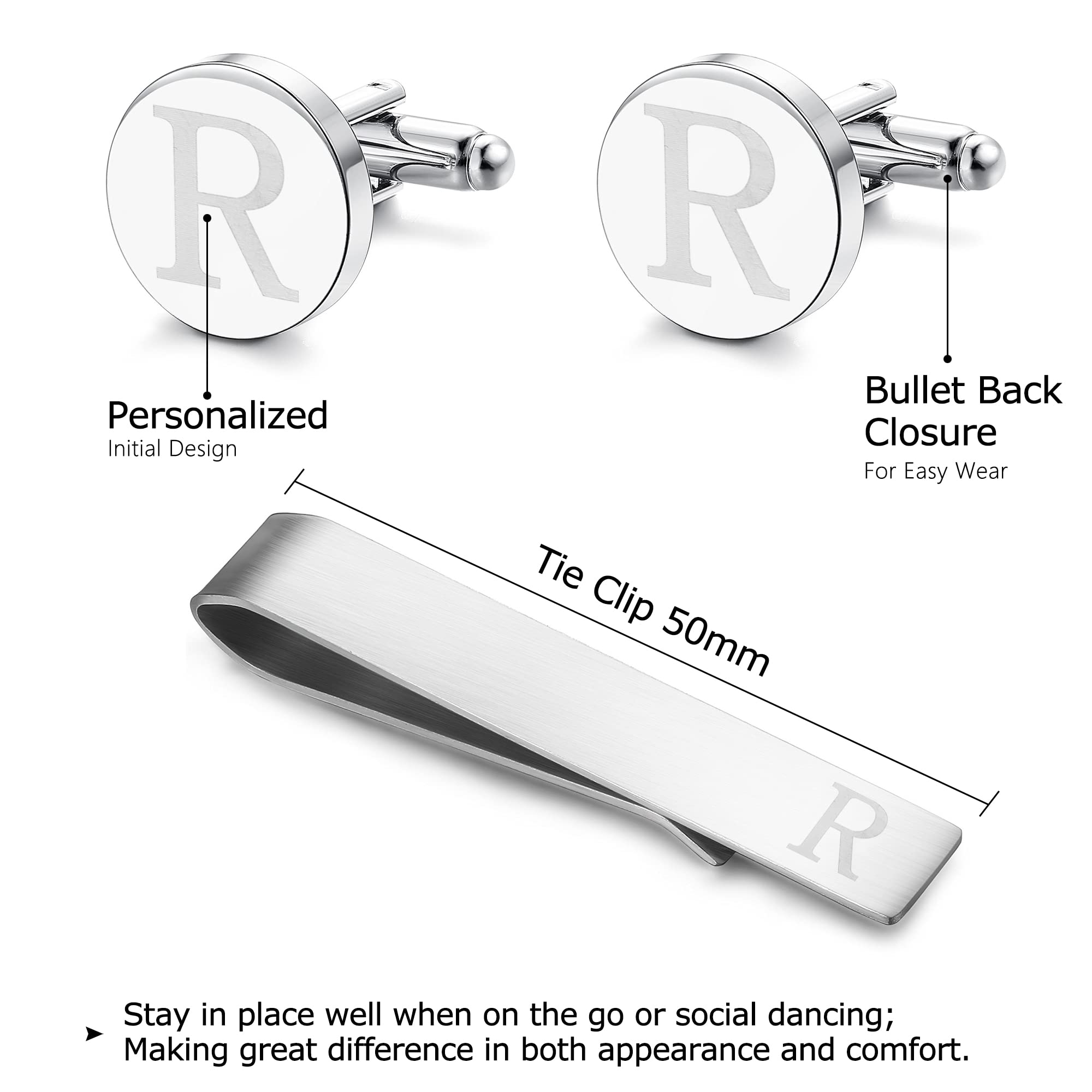 LOYALLOOK Classic Engraved Initial Cufflinks and Tie Clip Bar Set Alphabet Letter Formal Business Wedding Shirts R