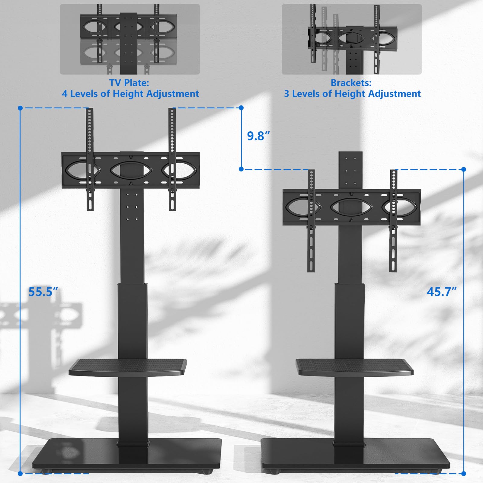 Rfiver Universal Swivel Floor TV Stand with Mount for 32-65 Inch Flat Screens/Curved TVs up to 110 lbs, Tall TV Stand with Black Tempered Glass Base and 2-Tier Storage Shelves, Height Adjustable