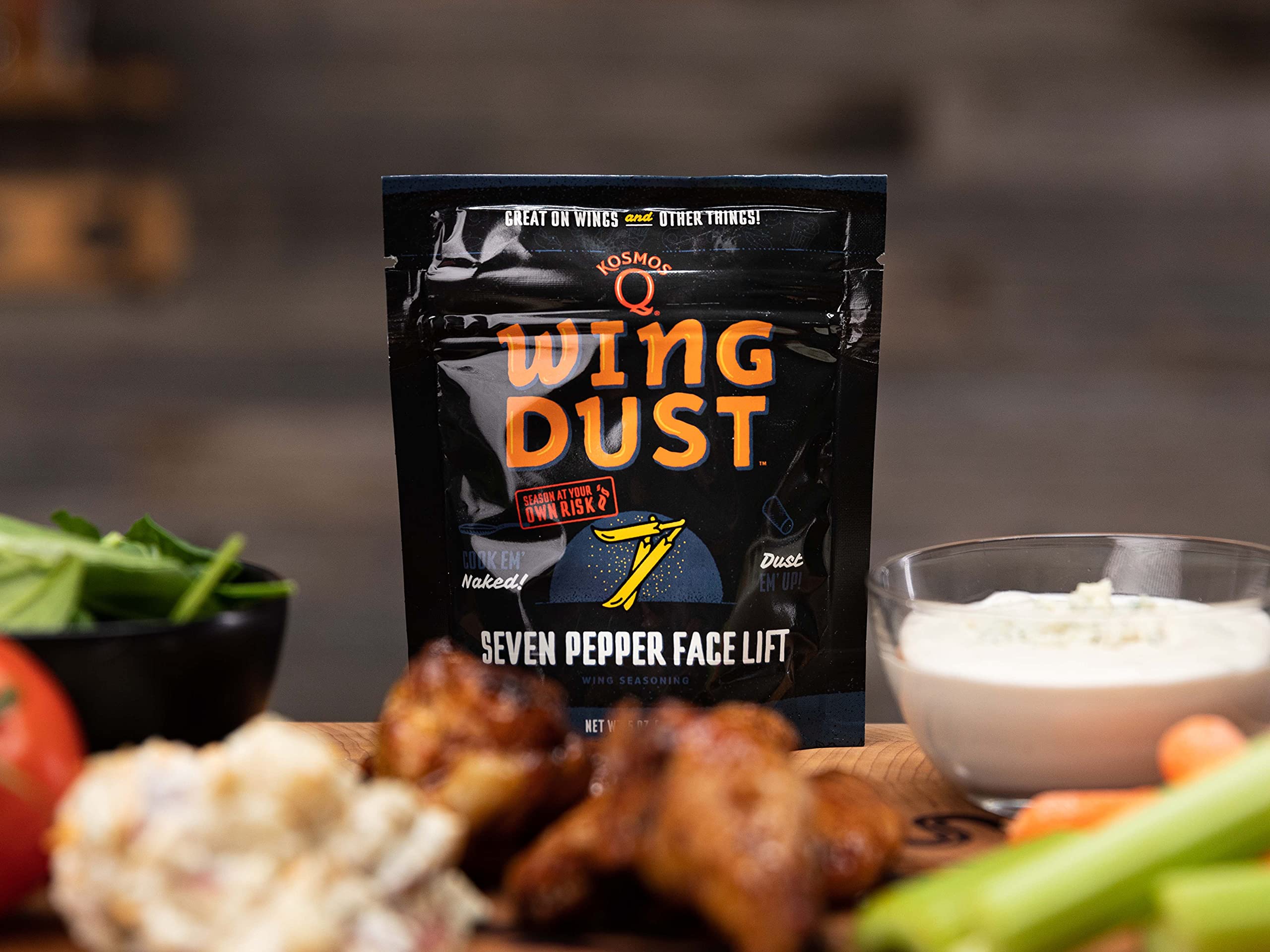 Kosmos Q Seven Pepper Face Lift Wing Dust - 5 Oz Bag for Wings, Popcorn & More - Dry BBQ Hot Wings Rub with 7-Pepper Blend, Garlic & Onion (Seven Pepper)