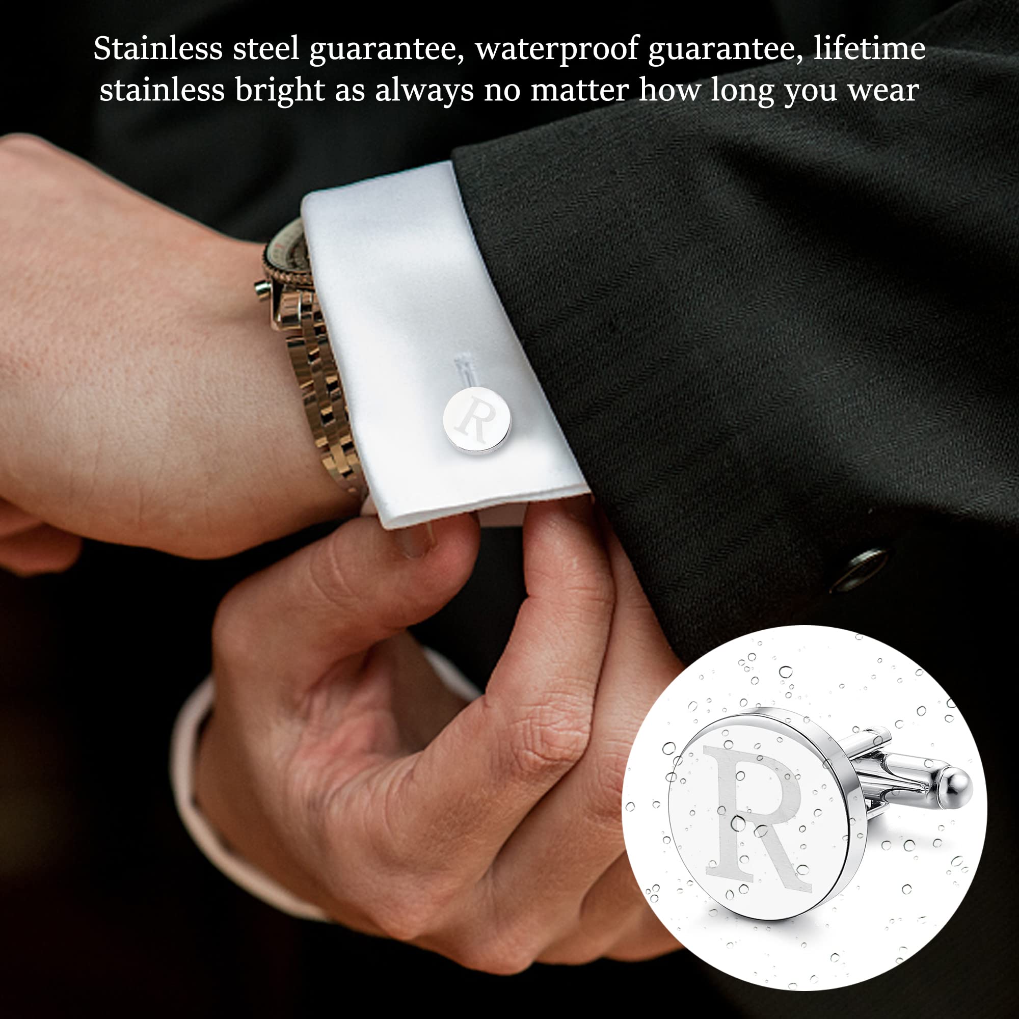 LOYALLOOK Classic Engraved Initial Cufflinks and Tie Clip Bar Set Alphabet Letter Formal Business Wedding Shirts R