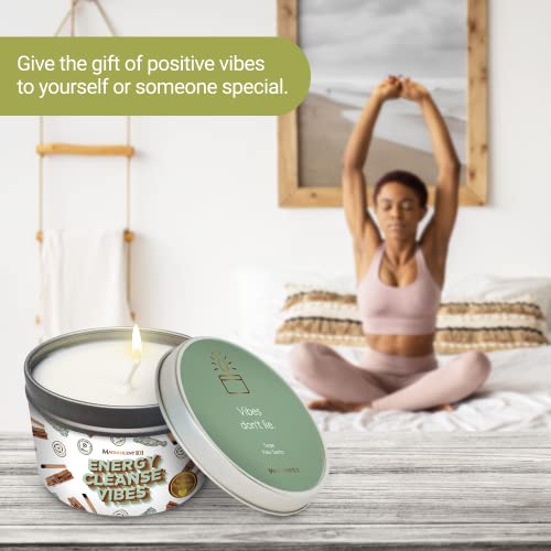 Magnificent 101 Energy Cleanse Vibes 6-oz. Candle in Tin Holder; 100% Natural Soy Wax with Sage & Palo Santo Essential Oils for Aromatherapy, Smudging, Meditation, Home Energy Cleansing; Great Gift