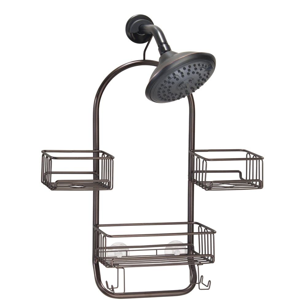 mDesign Modern Metal Wire Bathroom Tub & Shower Caddy, Hanging Storage Organizer Center - 2 Wash Cloth/Razor Hooks, 3 Baskets - for Bathroom Shower Stalls, Bathtubs - Rust Resistant - Bronze