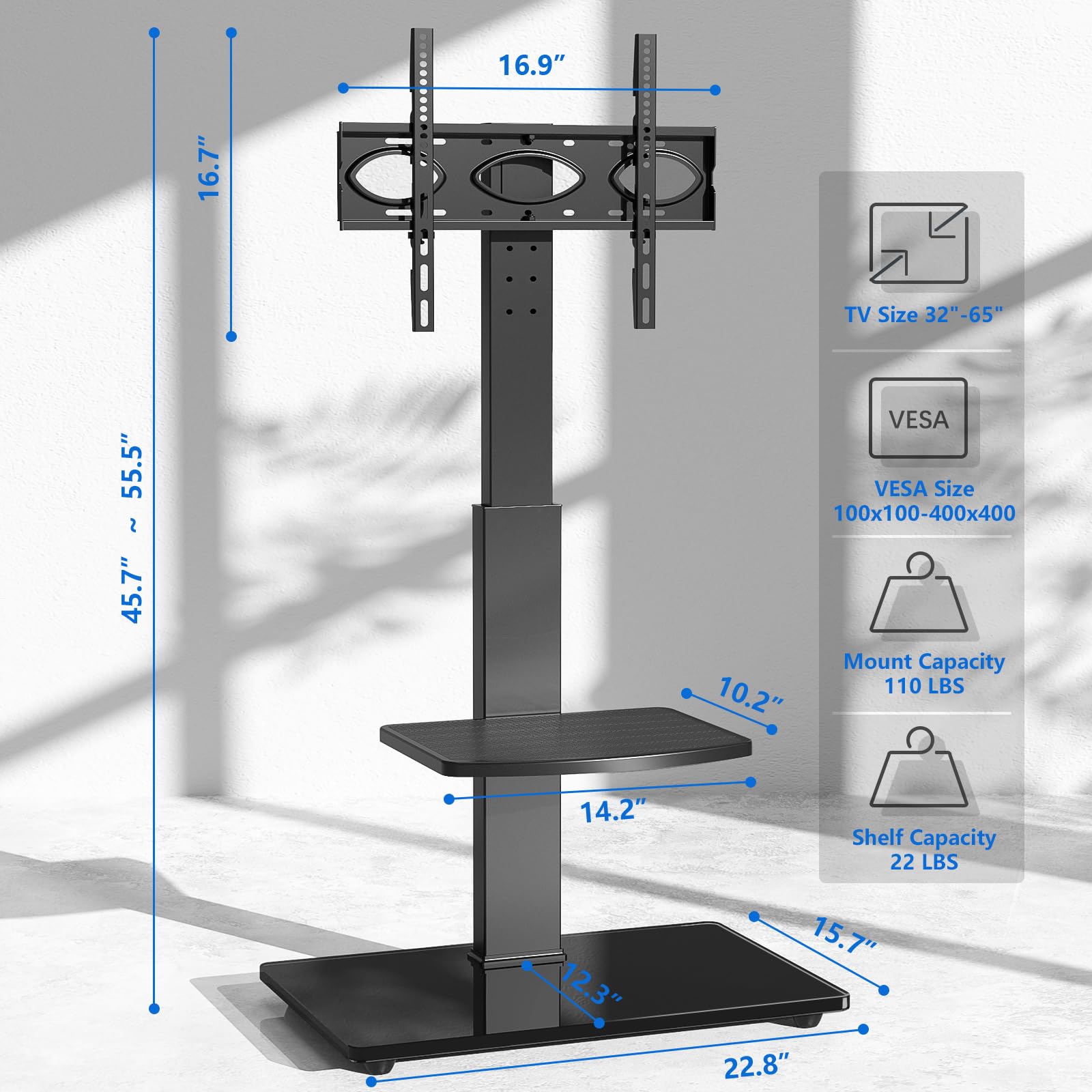 Rfiver Universal Swivel Floor TV Stand with Mount for 32-65 Inch Flat Screens/Curved TVs up to 110 lbs, Tall TV Stand with Black Tempered Glass Base and 2-Tier Storage Shelves, Height Adjustable