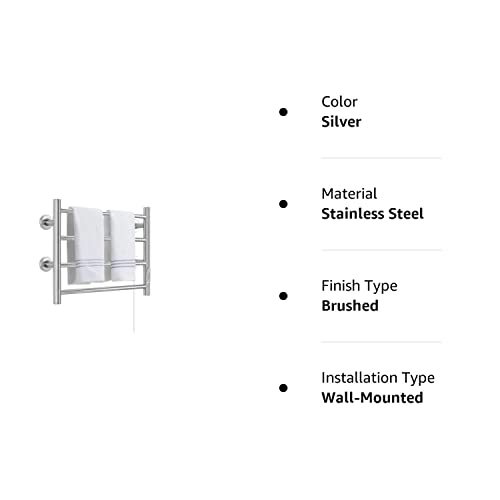 Towel Warmer 4 Bars Wall Mounted Heated Towel Racks for Bathroom Plug-in/Hardwired, Stainless Steel Hot Towel Rack with Timer Brushed Silverā¦