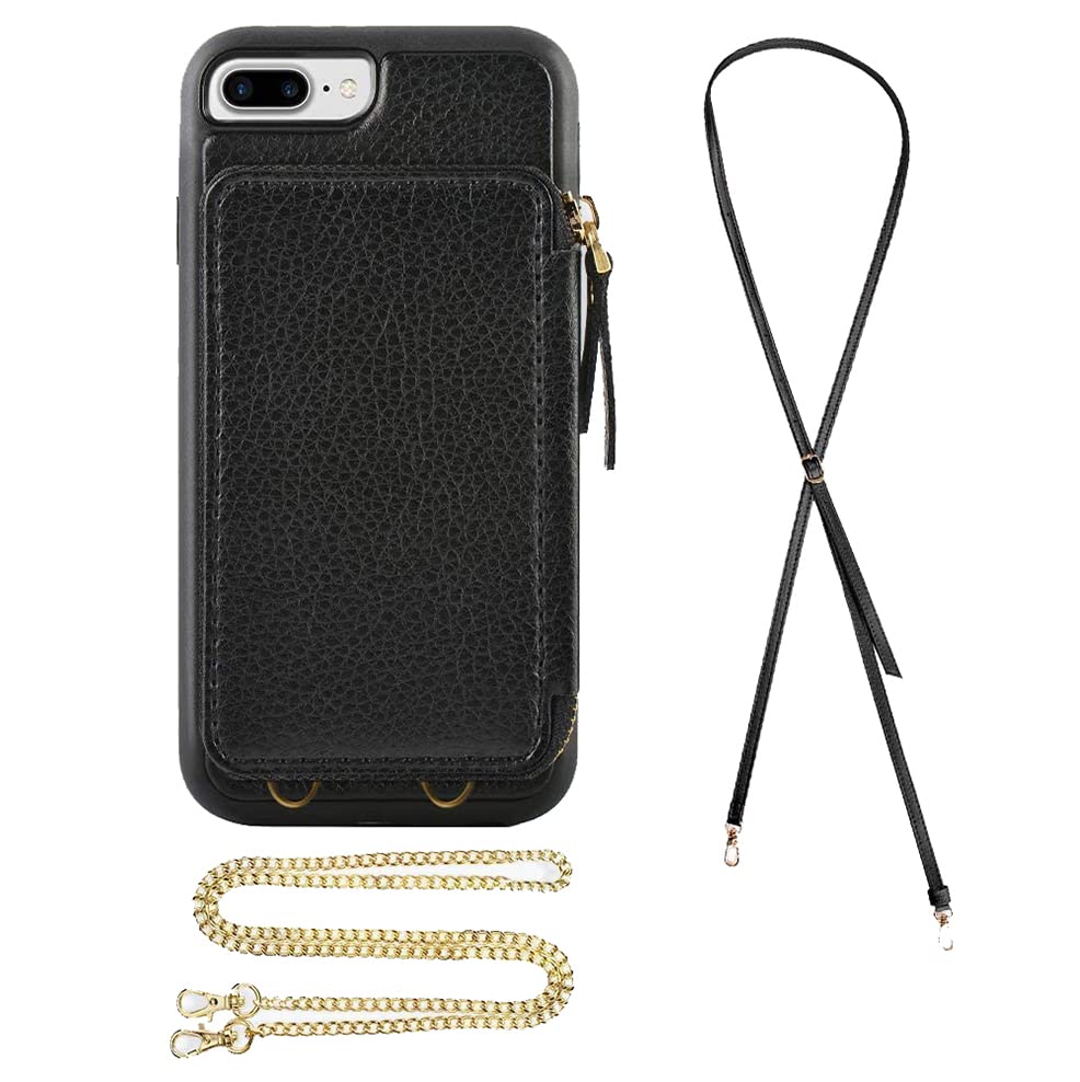 ZVE iPhone 7 Plus/8 Plus Wallet Case (Black)+ Black Replacement Strap