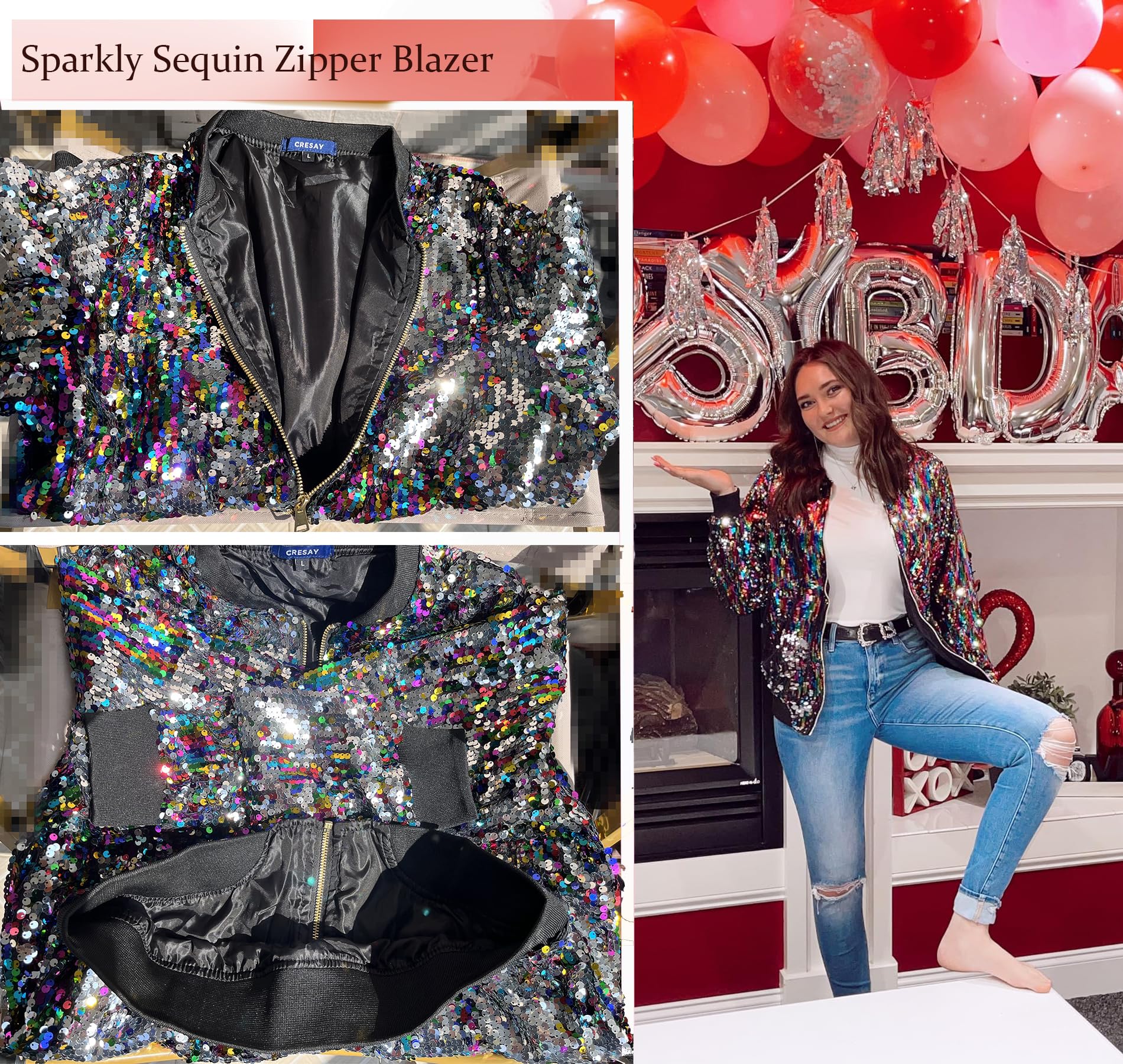 Cresay Women's Sequin Fitted Long Sleeve Zipper Blazer Bomber Jacket-Rainbow S
