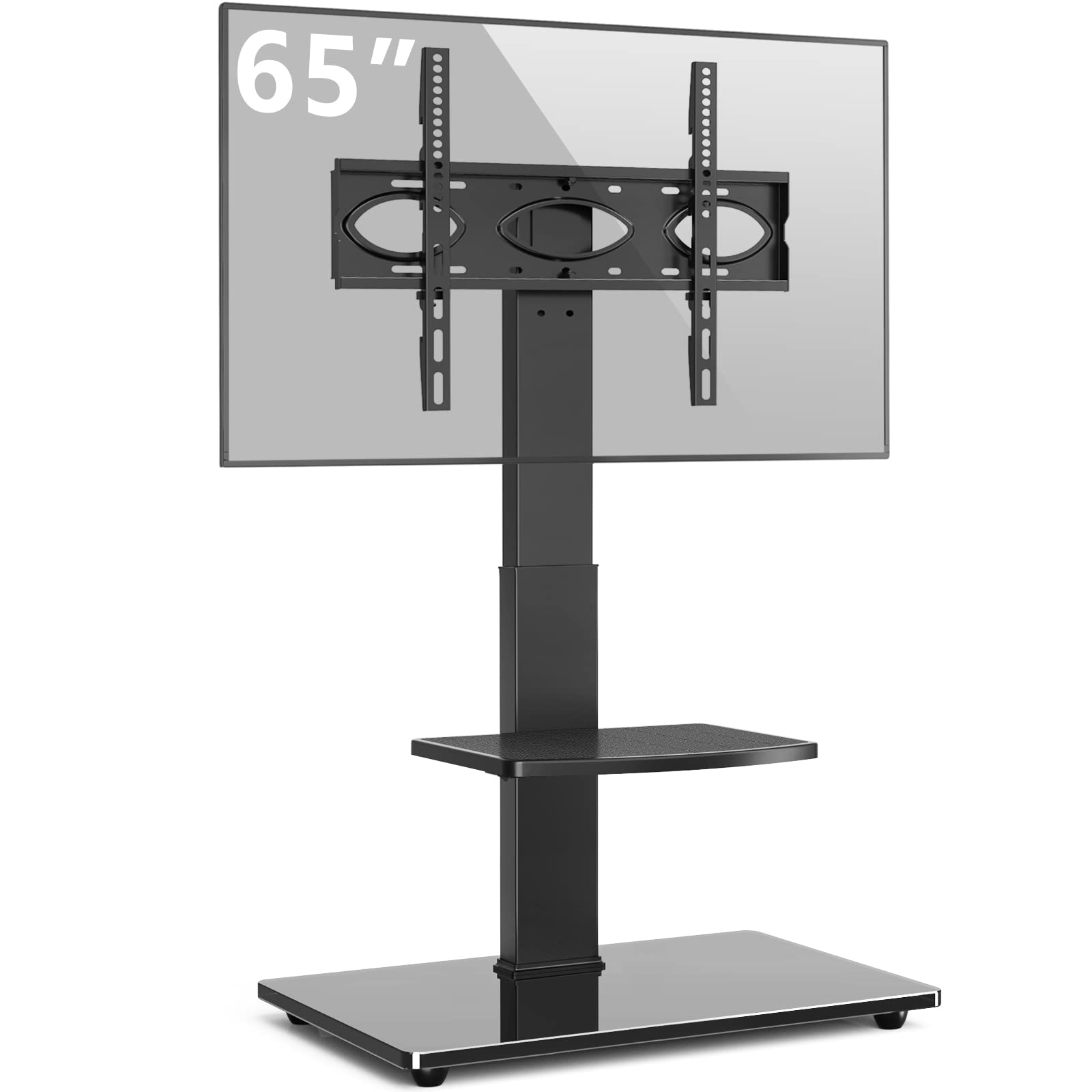 Rfiver Universal Swivel Floor TV Stand with Mount for 32-65 Inch Flat Screens/Curved TVs up to 110 lbs, Tall TV Stand with Black Tempered Glass Base and 2-Tier Storage Shelves, Height Adjustable