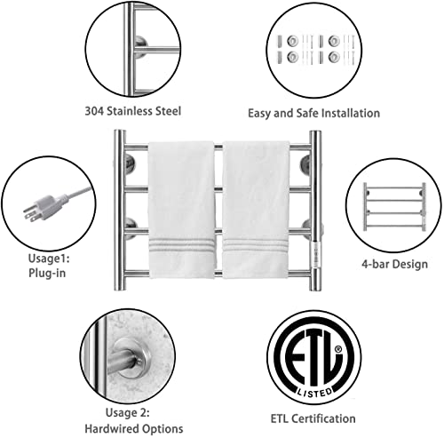 Towel Warmer 4 Bars Wall Mounted Heated Towel Racks for Bathroom Plug-in/Hardwired, Stainless Steel Hot Towel Rack with Timer Brushed Silverā¦