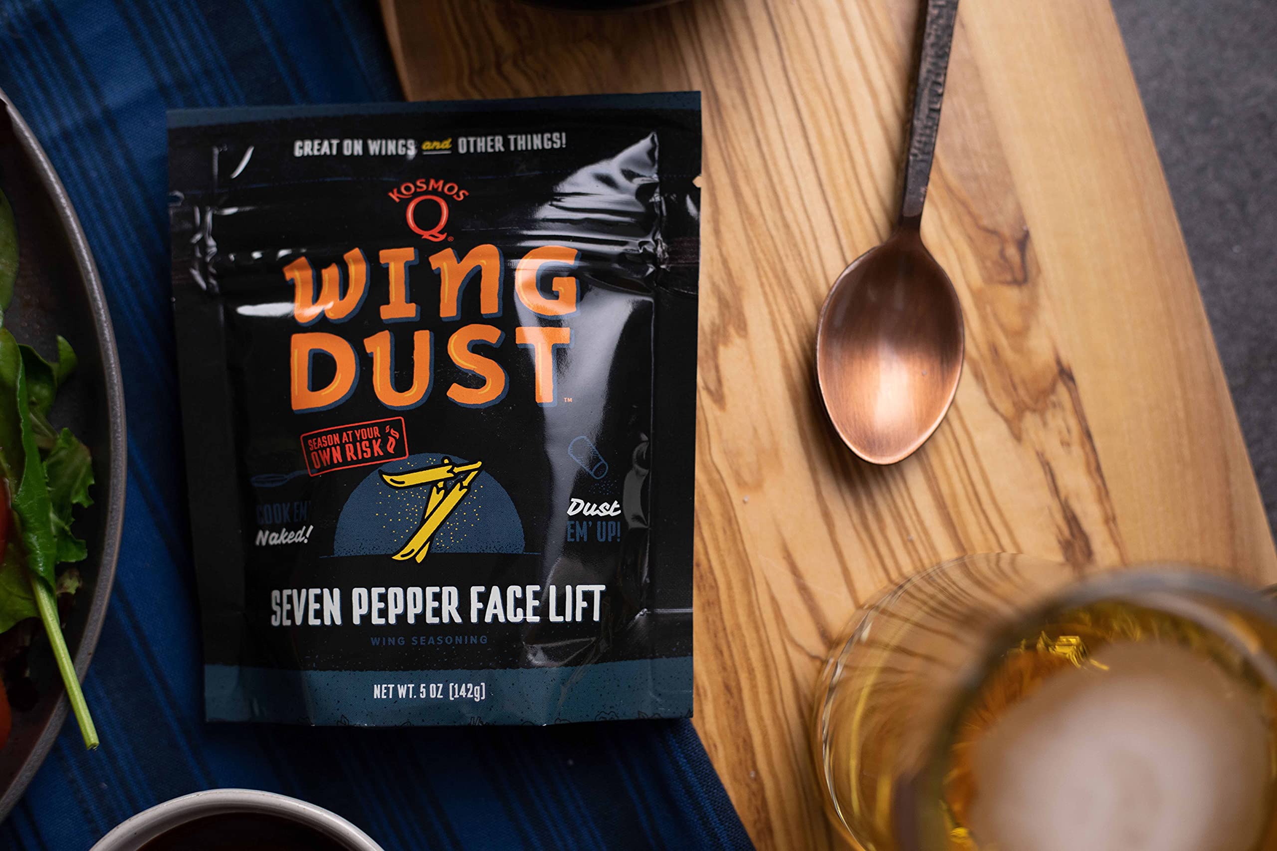 Kosmos Q Seven Pepper Face Lift Wing Dust - 5 Oz Bag for Wings, Popcorn & More - Dry BBQ Hot Wings Rub with 7-Pepper Blend, Garlic & Onion (Seven Pepper)