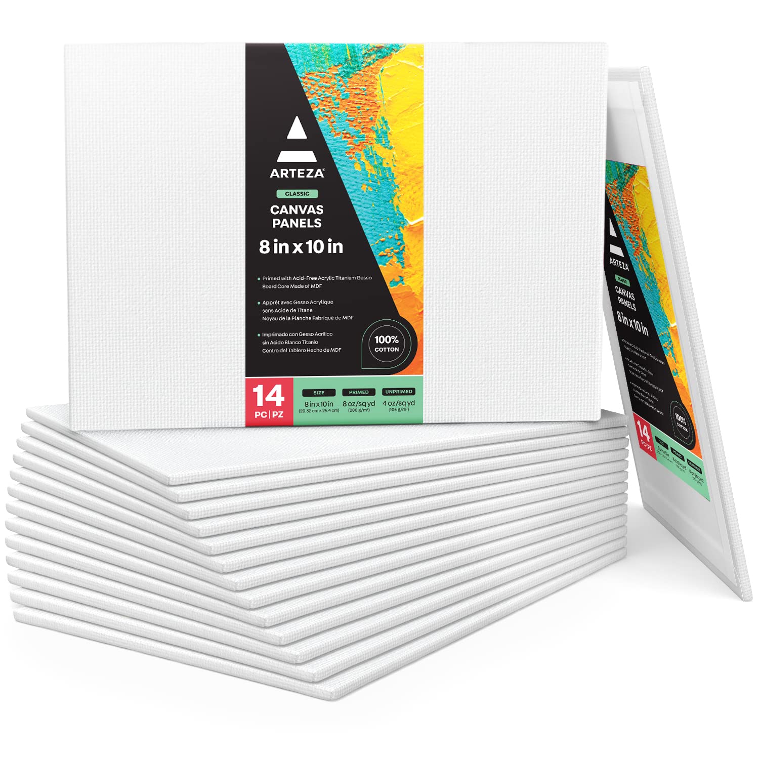 ARTEZA Canvas Boards for Painting, 8 x 10 Inches, Pack of 14, Blank White Canvas Panels for Acrylic, Oil and Gouache Painting