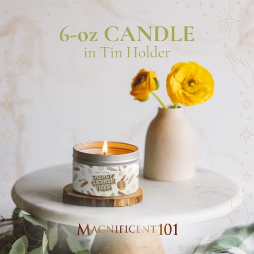Magnificent 101 Energy Cleanse Vibes 6-oz. Candle in Tin Holder; 100% Natural Soy Wax with Sage & Palo Santo Essential Oils for Aromatherapy, Smudging, Meditation, Home Energy Cleansing; Great Gift