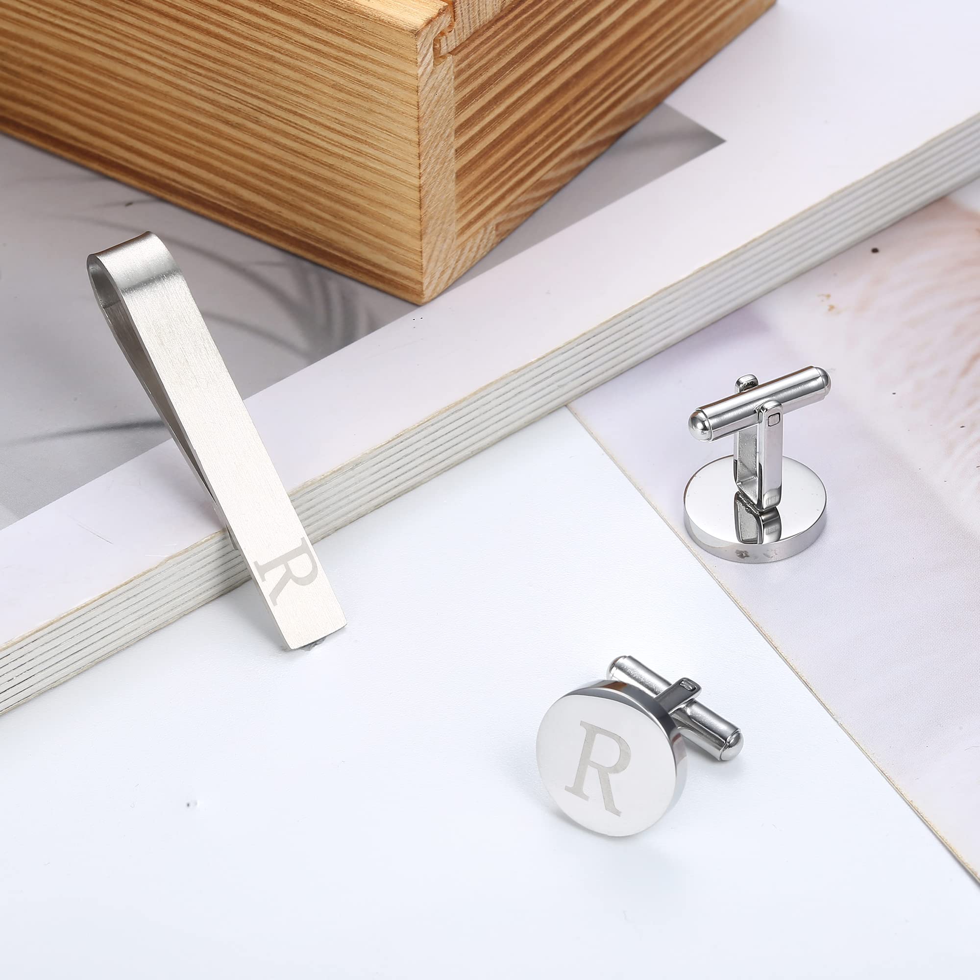 LOYALLOOK Classic Engraved Initial Cufflinks and Tie Clip Bar Set Alphabet Letter Formal Business Wedding Shirts R