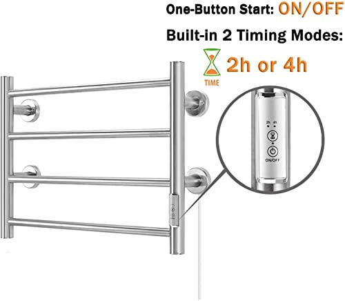 Towel Warmer 4 Bars Wall Mounted Heated Towel Racks for Bathroom Plug-in/Hardwired, Stainless Steel Hot Towel Rack with Timer Brushed Silverā¦