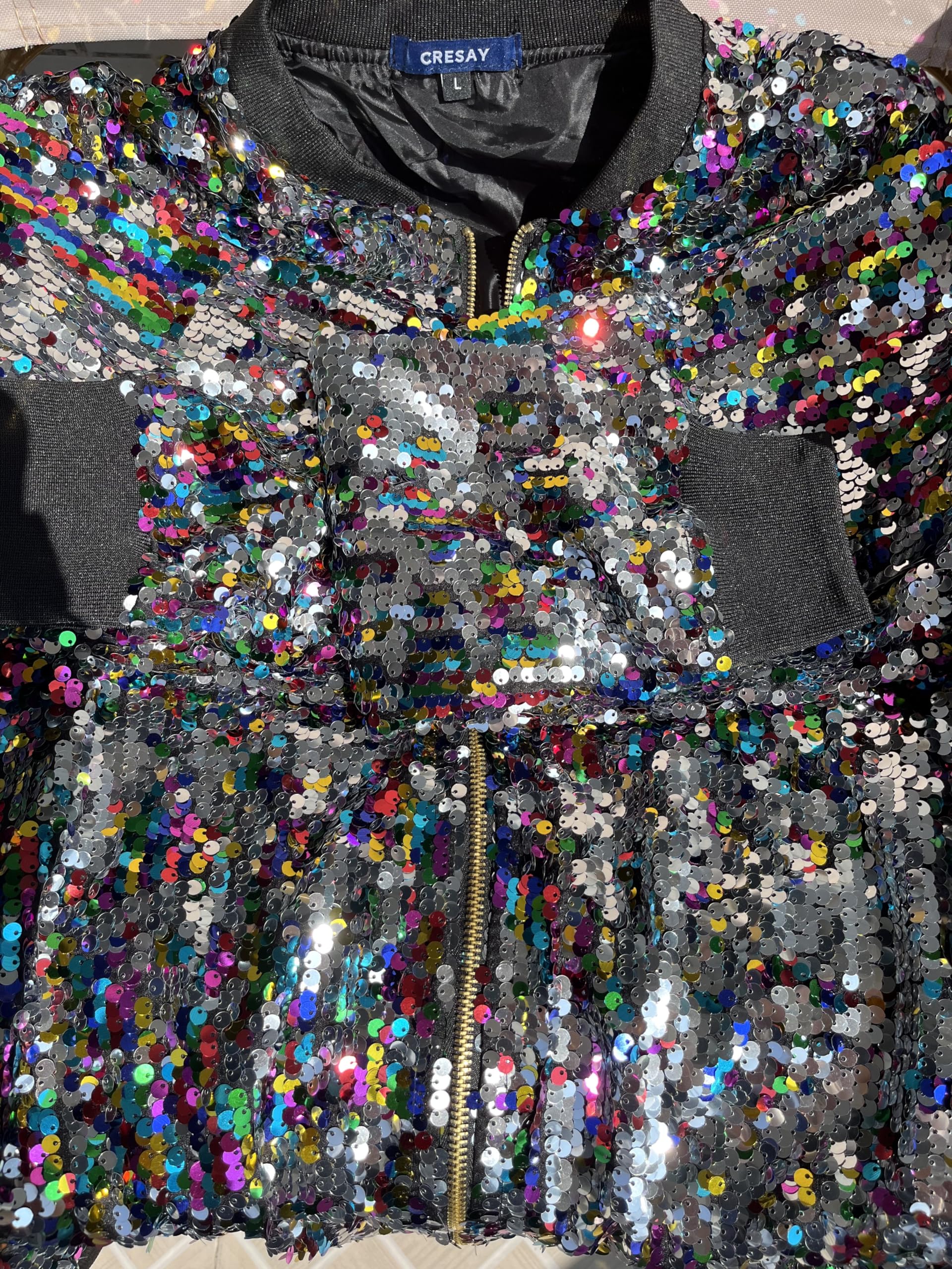 Cresay Women's Sequin Fitted Long Sleeve Zipper Blazer Bomber Jacket-Rainbow S