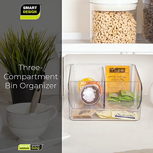Smart Design 3 Compartment Clear Bin Organizer - Set of 2 - BPA Free Plastic Resin - Tea, Sugar, Straws, Fridge, Freezer, Cabinet, Food, Pantry Storage - Kitchen Organizer - Clear