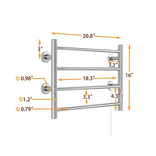 Towel Warmer 4 Bars Wall Mounted Heated Towel Racks for Bathroom Plug-in/Hardwired, Stainless Steel Hot Towel Rack with Timer Brushed Silverā¦
