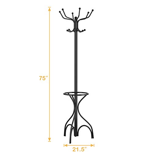 Tangkula Coat Rack Freestanding, 75 Inch Heavy Duty Metal Coat Hanger Stand with Umbrella Holder, Entryway Hat Jacket Hanger with 12 Hooks for Scarf Crutch Bag Coat, Standing Coat Tree Rack(Black 003)
