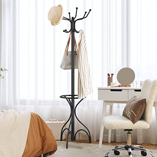 Tangkula Coat Rack Freestanding, 75 Inch Heavy Duty Metal Coat Hanger Stand with Umbrella Holder, Entryway Hat Jacket Hanger with 12 Hooks for Scarf Crutch Bag Coat, Standing Coat Tree Rack(Black 003)