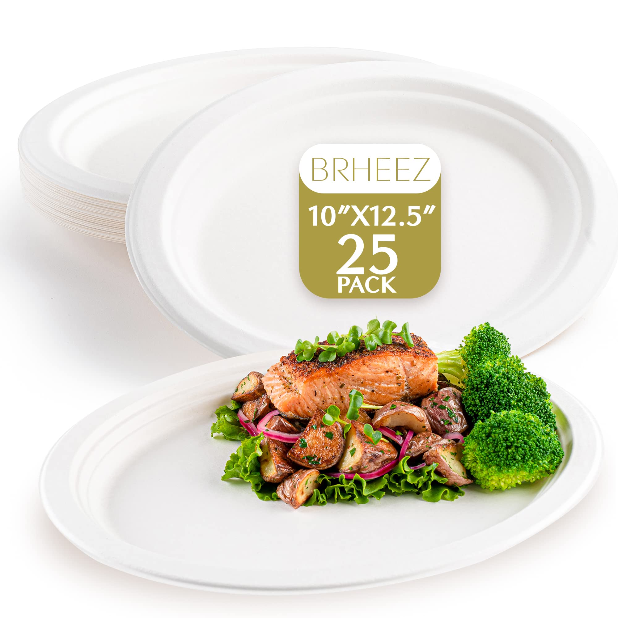 brheez Disposable Oval Paper Dinner Plates (25pk) Heavy Duty Better Than Paper Plates (10"x12.5") Natural, Compostable Disposable Platters, Large Oval Paper Plates-Heavy Duty