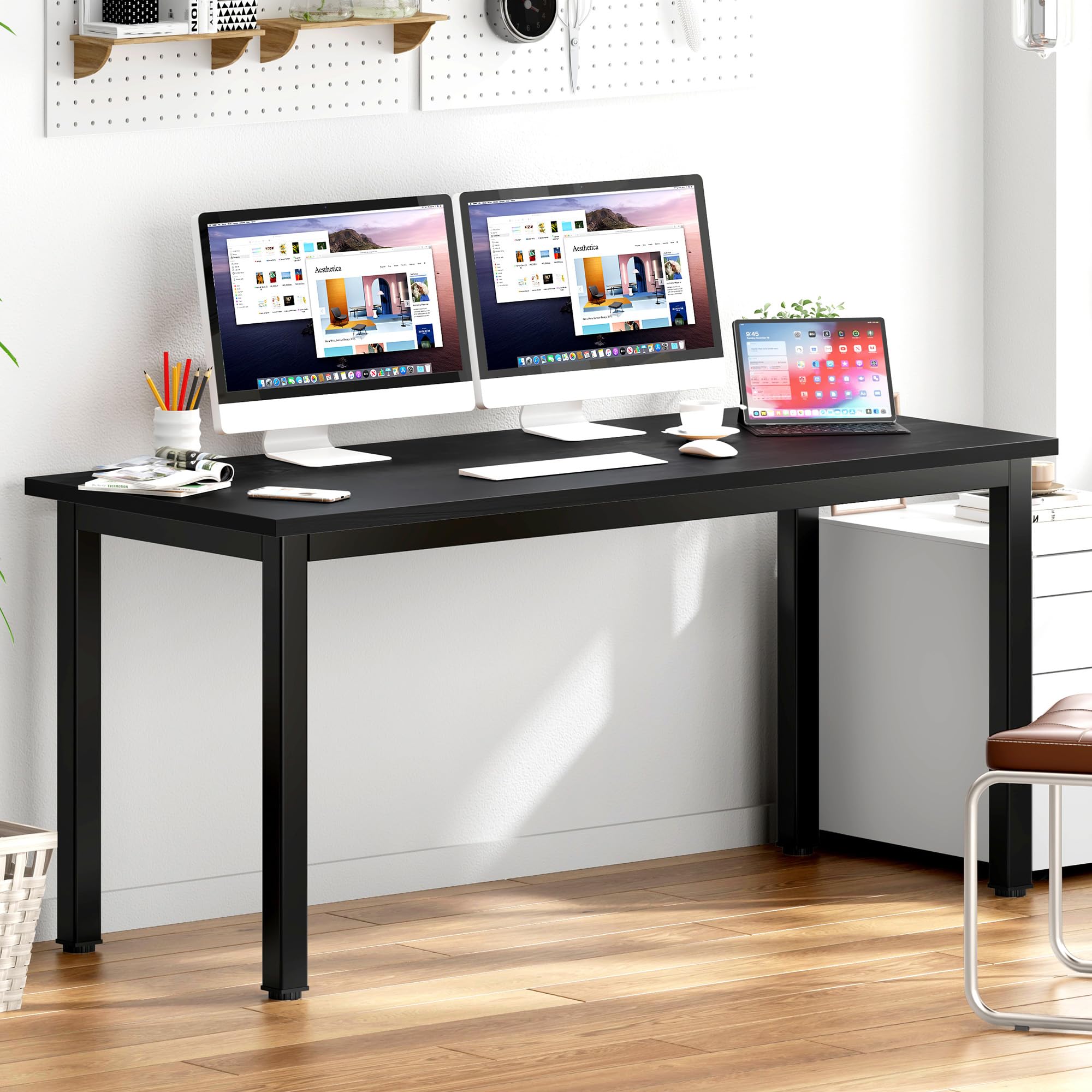 DlandHome 63 inches X-Large Computer Desk, Composite Wood Board, Decent and Steady Home Office Desk/Workstation/Table, BS1-160BB Black Walnut and Black Legs, 1 Pack
