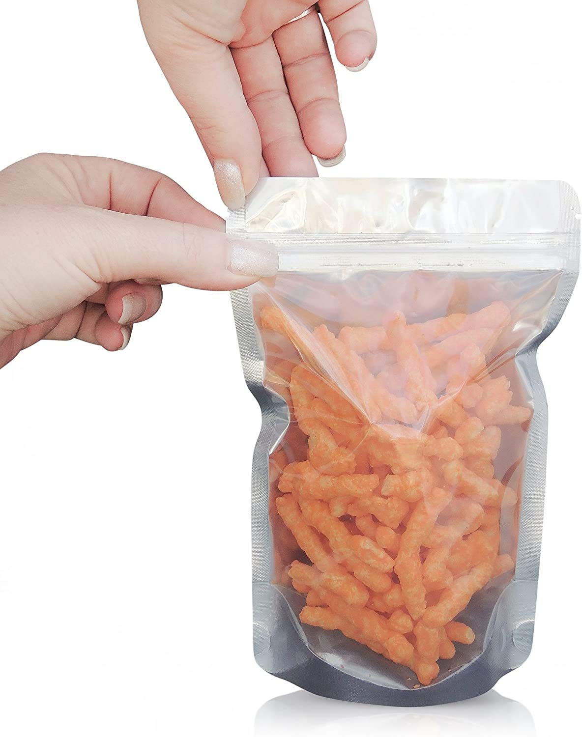 Stand Up Pouch Bags, 6" x 9", Heavy Duty, 100 Pack, Clear Front with Aluminum Foil Back - Resealable Ziplock and Heat Sealable for Food Storage