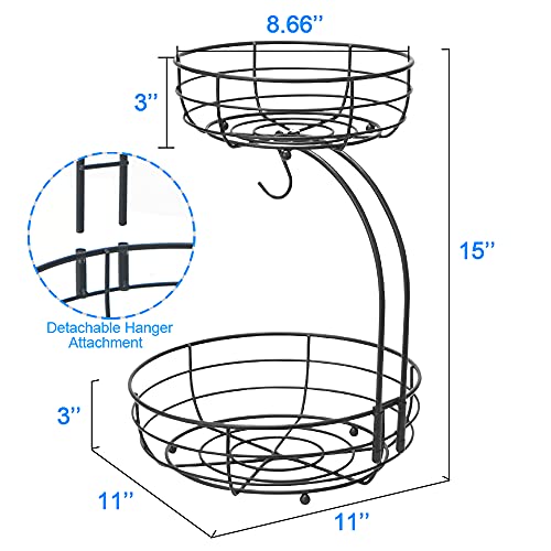 Bextsrack 2-Tier Countertop Fruit Basket Bowl with Banana Hanger, Metal Wire Vegetable Produce Storage Baskets for Kitchen, Fruits Stand Holder Organizer for Bread Snack Veggies, Black