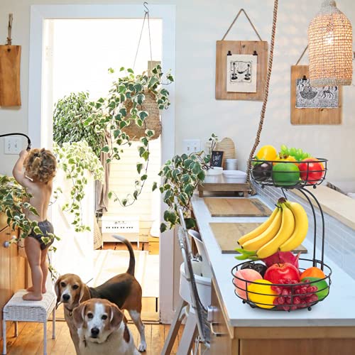 Bextsrack 2-Tier Countertop Fruit Basket Bowl with Banana Hanger, Metal Wire Vegetable Produce Storage Baskets for Kitchen, Fruits Stand Holder Organizer for Bread Snack Veggies, Black