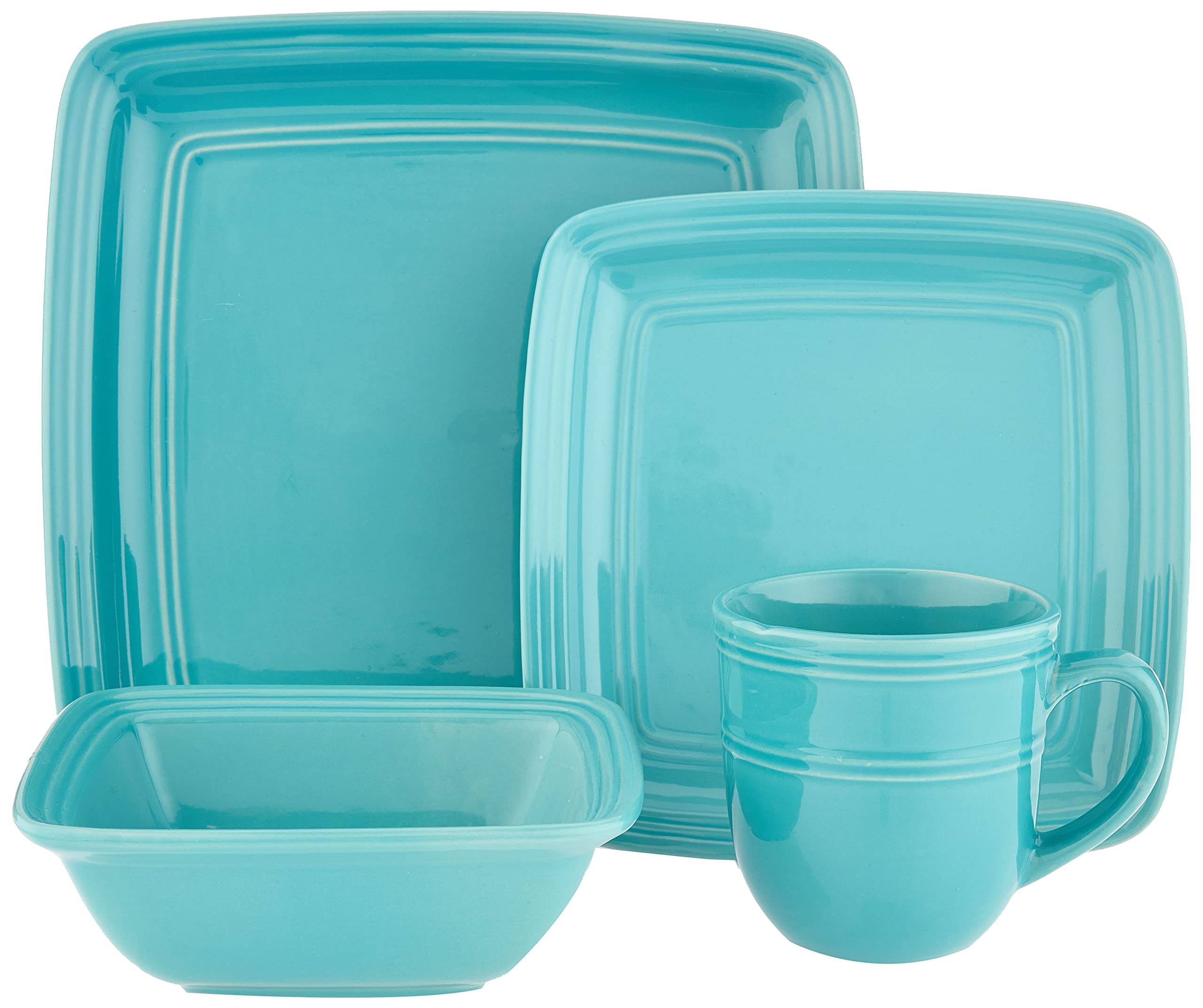 American Atelier Square Dinnerware Sets | Turquoise Green Kitchen Plates, Bowls, and Mugs | 16 Piece Stoneware Madelyn Collection | Dishwasher & Microwave Safe | Service for 4