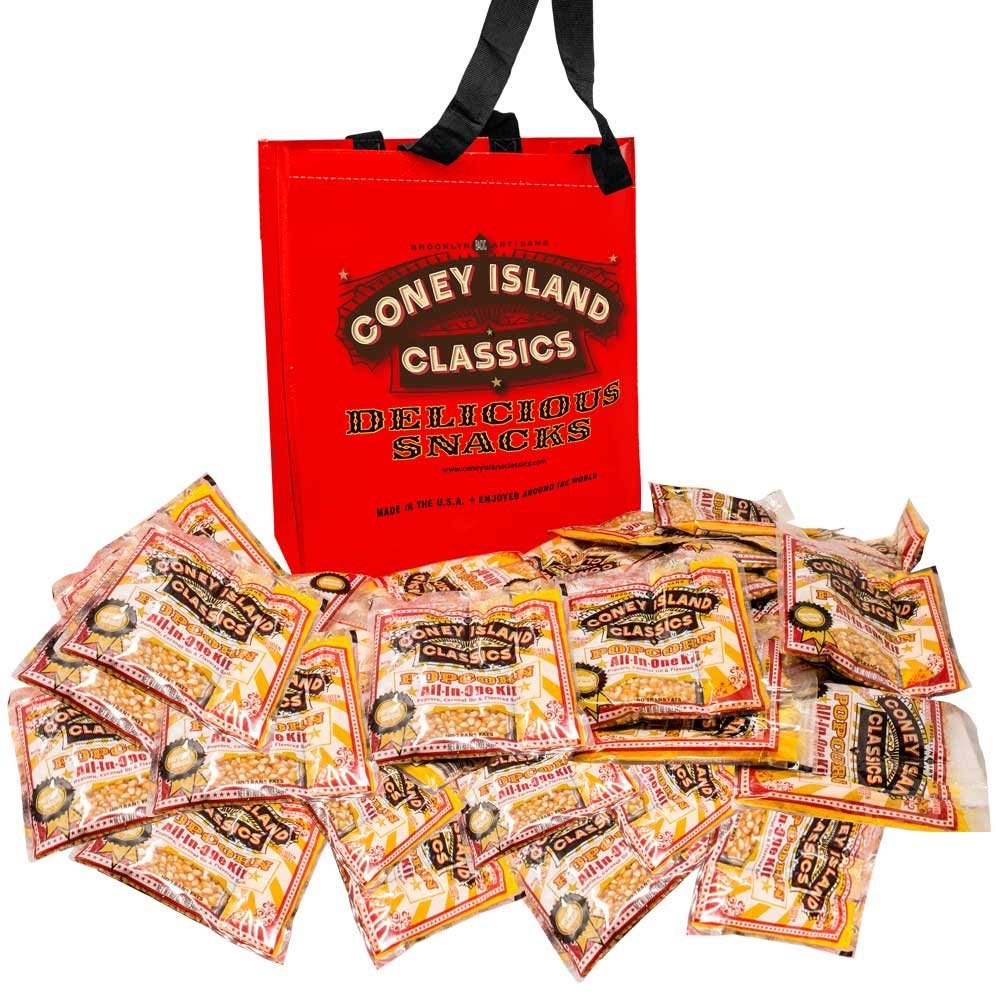 Coney Island Classics Premium Movie Theater Popcorn 8 Ounce Bag All In One Portion Kit With Coconut Oil & Flavored Salt With Bonus Large Tote Bag Bulk 24CT