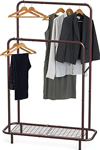 Simple Houseware Double Rod Clothing Garment Rack with Bottom Shelves, Bronze