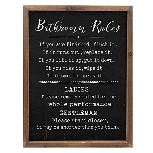 Wartter Rustic Bathroom Rules Sign,Farmhouse Toilet Wall Decor,Funny Bathroom Wood Framed Wall Art Decorations(11.8x15.8in) (black)