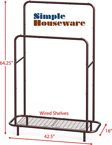 Simple Houseware Double Rod Clothing Garment Rack with Bottom Shelves, Bronze