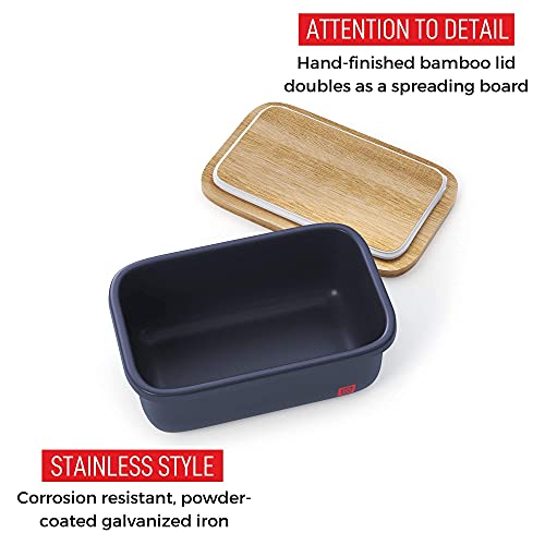 Farmhouse Butter Dish with Lid for Countertop - Butter Stick Holder Container with Freshness Seal - Bamboo Lid Cutting Board Butter Keeper - Butter Crock for Counter - Covered Butter Dish - Gray -23oz
