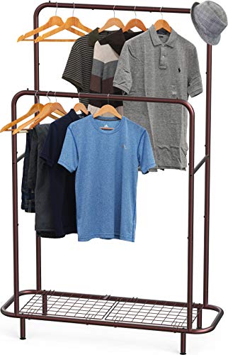 Simple Houseware Double Rod Clothing Garment Rack with Bottom Shelves, Bronze