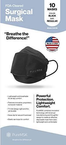 PURE-MSK Trifold Disposable Mask - Made in the USA - Light Weight Easy Breathing Material - Adult Size - 10 Pack - Black