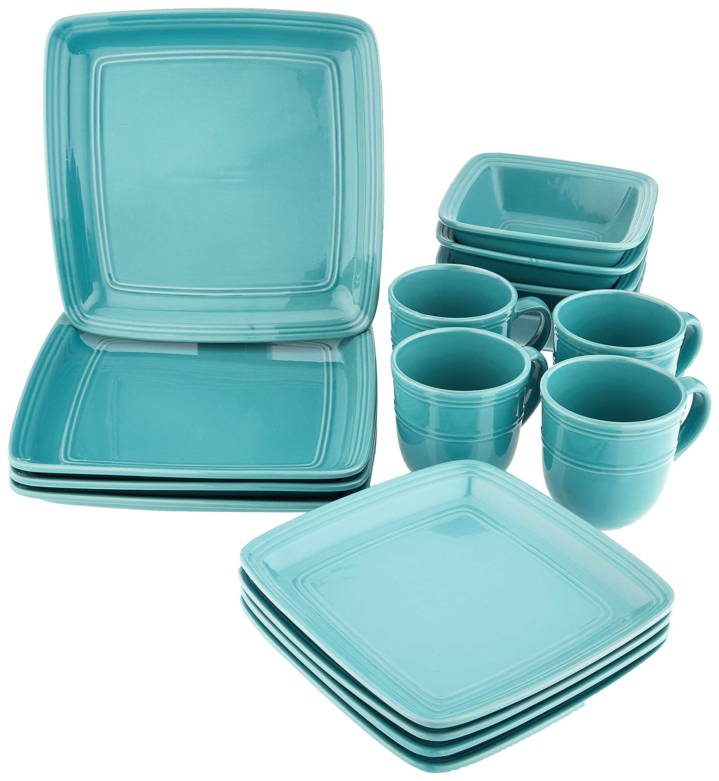 American Atelier Square Dinnerware Sets | Turquoise Green Kitchen Plates, Bowls, and Mugs | 16 Piece Stoneware Madelyn Collection | Dishwasher & Microwave Safe | Service for 4