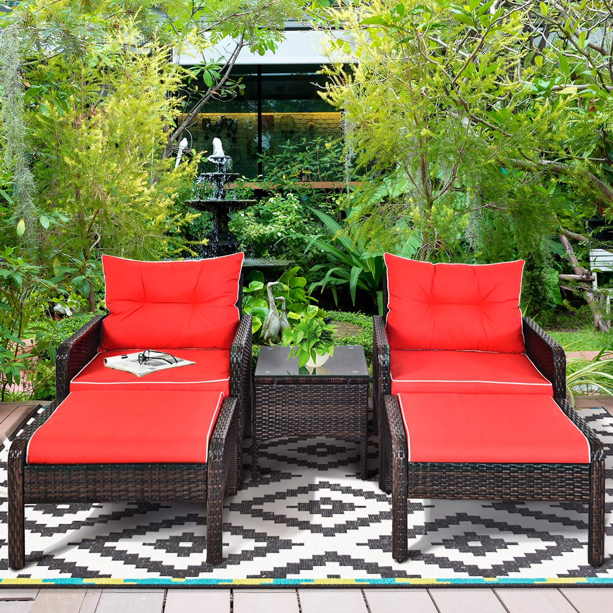 Tangkula Wicker Furniture Set 5 Pieces PE Wicker Rattan Outdoor All Weather Cushioned Sofas and Ottoman Set Lawn Pool Balcony Conversation Set Chat Set