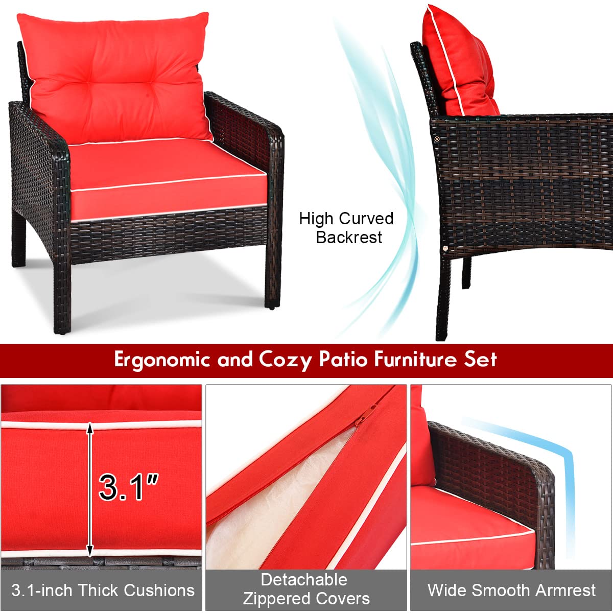 Tangkula Wicker Furniture Set 5 Pieces PE Wicker Rattan Outdoor All Weather Cushioned Sofas and Ottoman Set Lawn Pool Balcony Conversation Set Chat Set