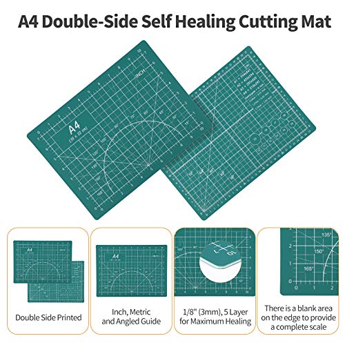 Rotary Cutter Set, 42Pcs Self Healing Cutting Mat Kit - 45mm Rotary Fabric Cutter with 5 Extra Cutter Blades, A4 Cutting Mat, 20 Craft Clips, 15 Non-Slip Grips, Sewing Supplies for Crafting Sewing