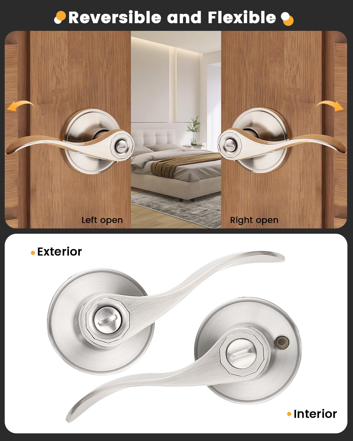 Gobrico 10 Pack Privacy Keyless Door Handles in Satin Nickel, Interior Bath and Bed Door Lever, Drop Style Heavy Duty Brushed Nickel Door Knobs