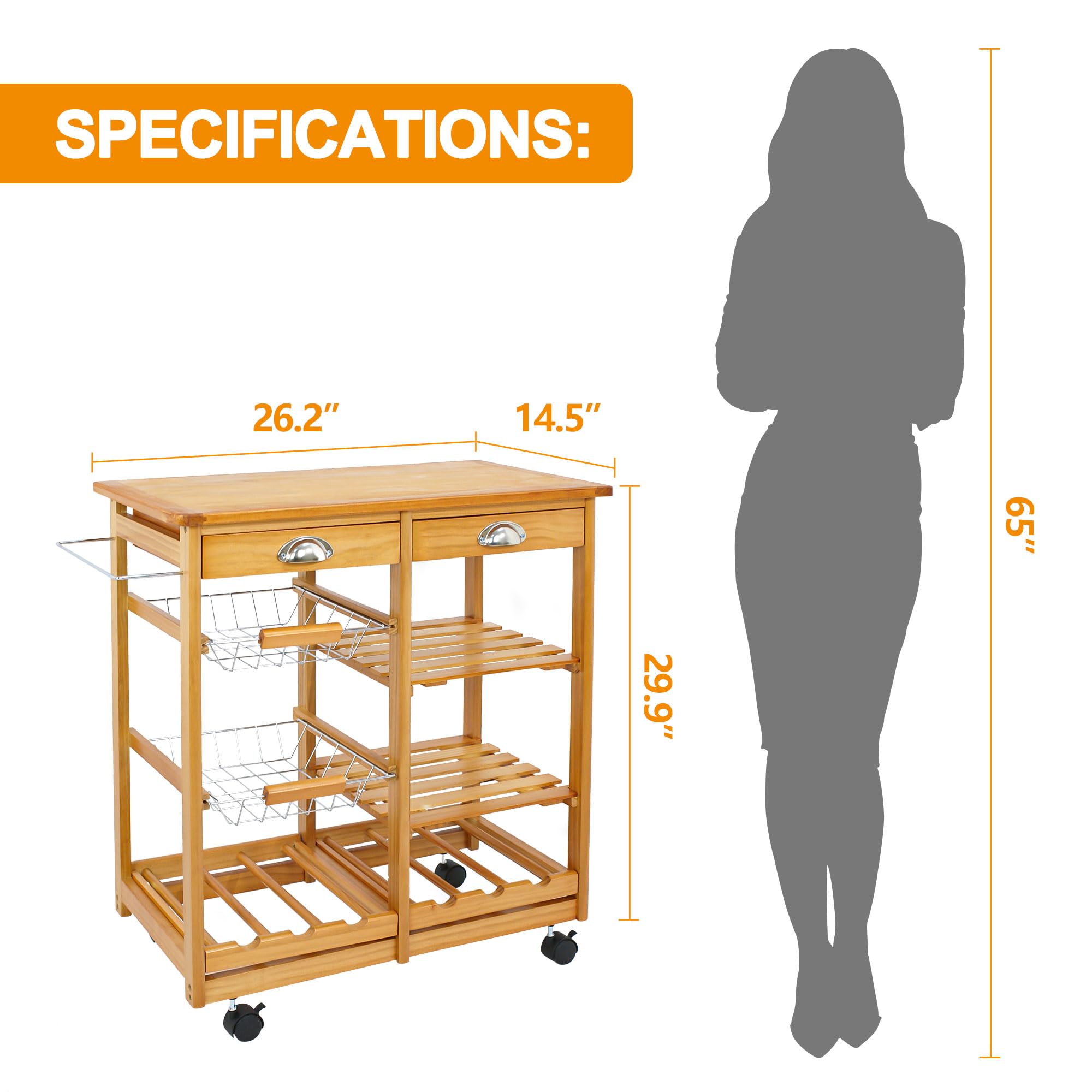 Nova Microdermabrasion Kitchen Island Cart with Storage, Rolling Side Table on Wheels with 2 Drawers, 3 Shelves, Lockable Casters for Dining Room, Bar