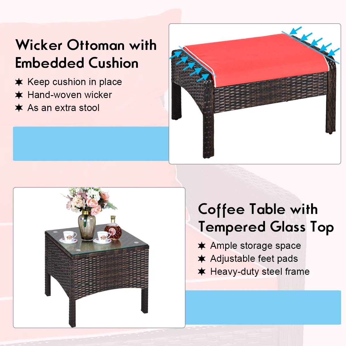Tangkula Wicker Furniture Set 5 Pieces PE Wicker Rattan Outdoor All Weather Cushioned Sofas and Ottoman Set Lawn Pool Balcony Conversation Set Chat Set